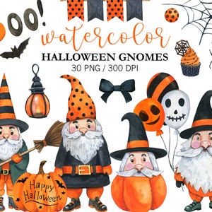Watercolor Halloween Gnomes Clipart: Halloween Pumpkins, Cat, Balloons ...