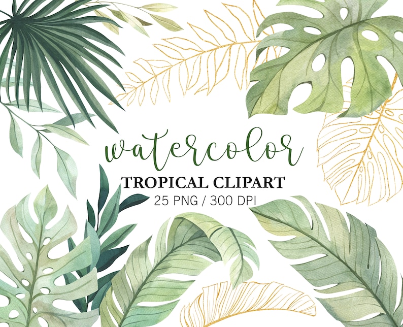 Watercolor Tropical Leaf Clipart: Gold & Greenery PNG Digital Download ...