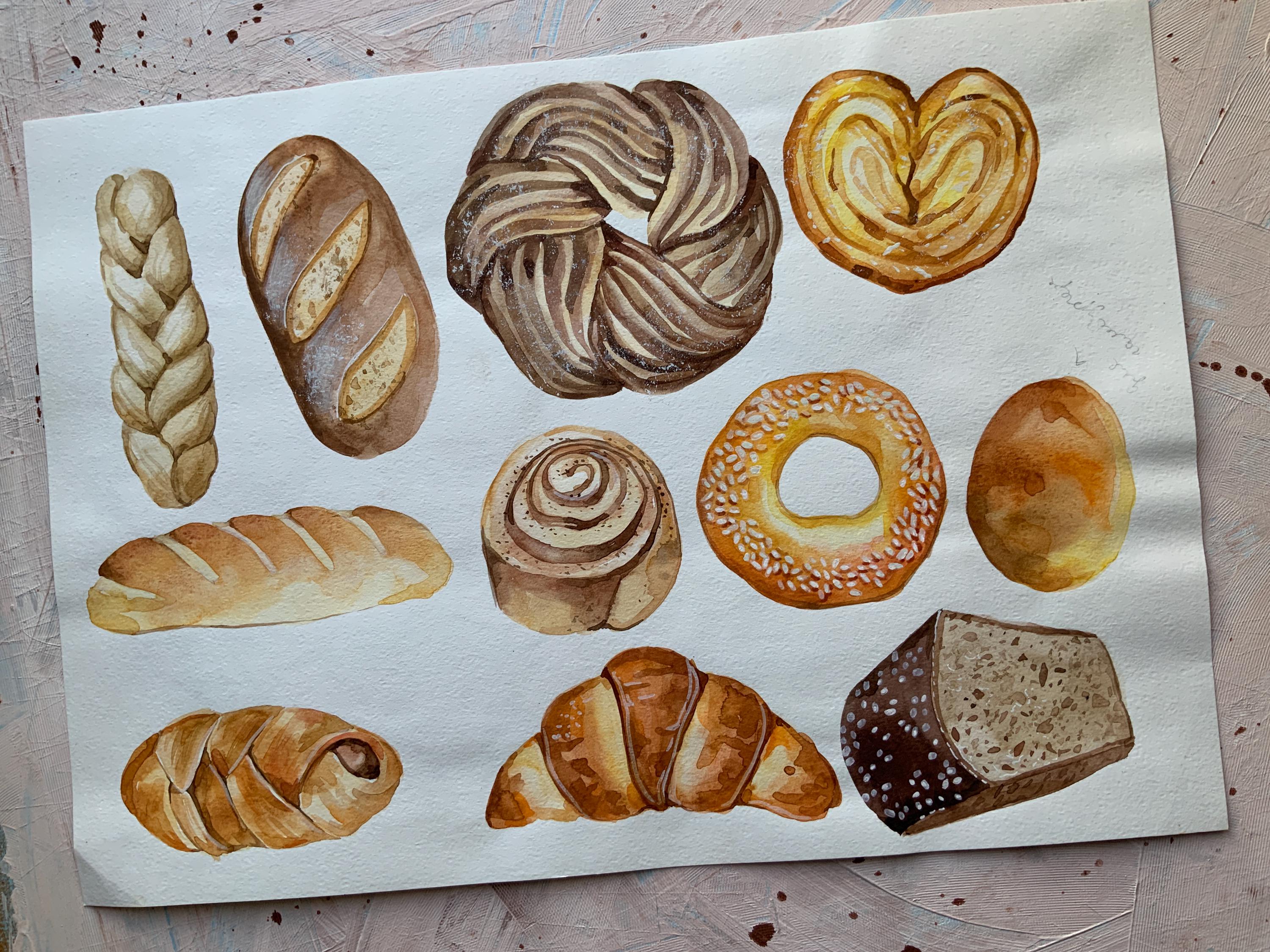 Watercolor Bread Clipart Set 31 PNG, Bakery Bread Rolls & Croissant ...