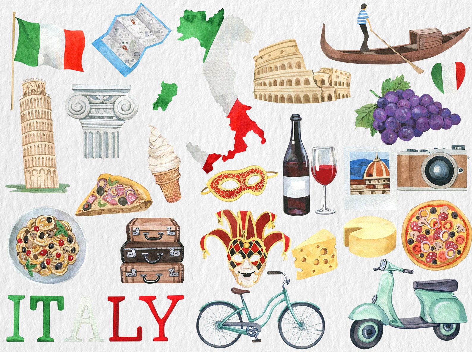 Watercolor Italy Clipart, Travel Clipart, Love PNG, Rome, Pizza, Venice ...