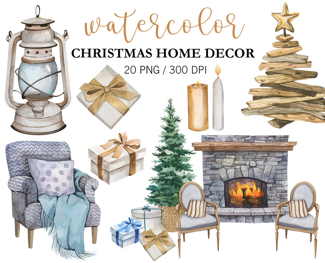 Watercolor Christmas Home Decor Clipart, Christmas Clipart, PNG ...