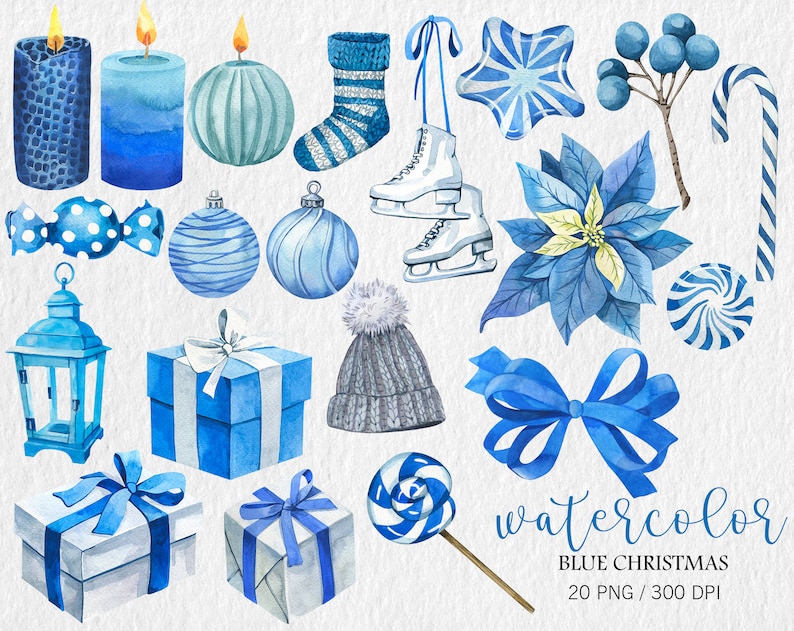 Watercolor Blue Christmas Clipart, Christmas Decor PNG, Merry Christmas ...
