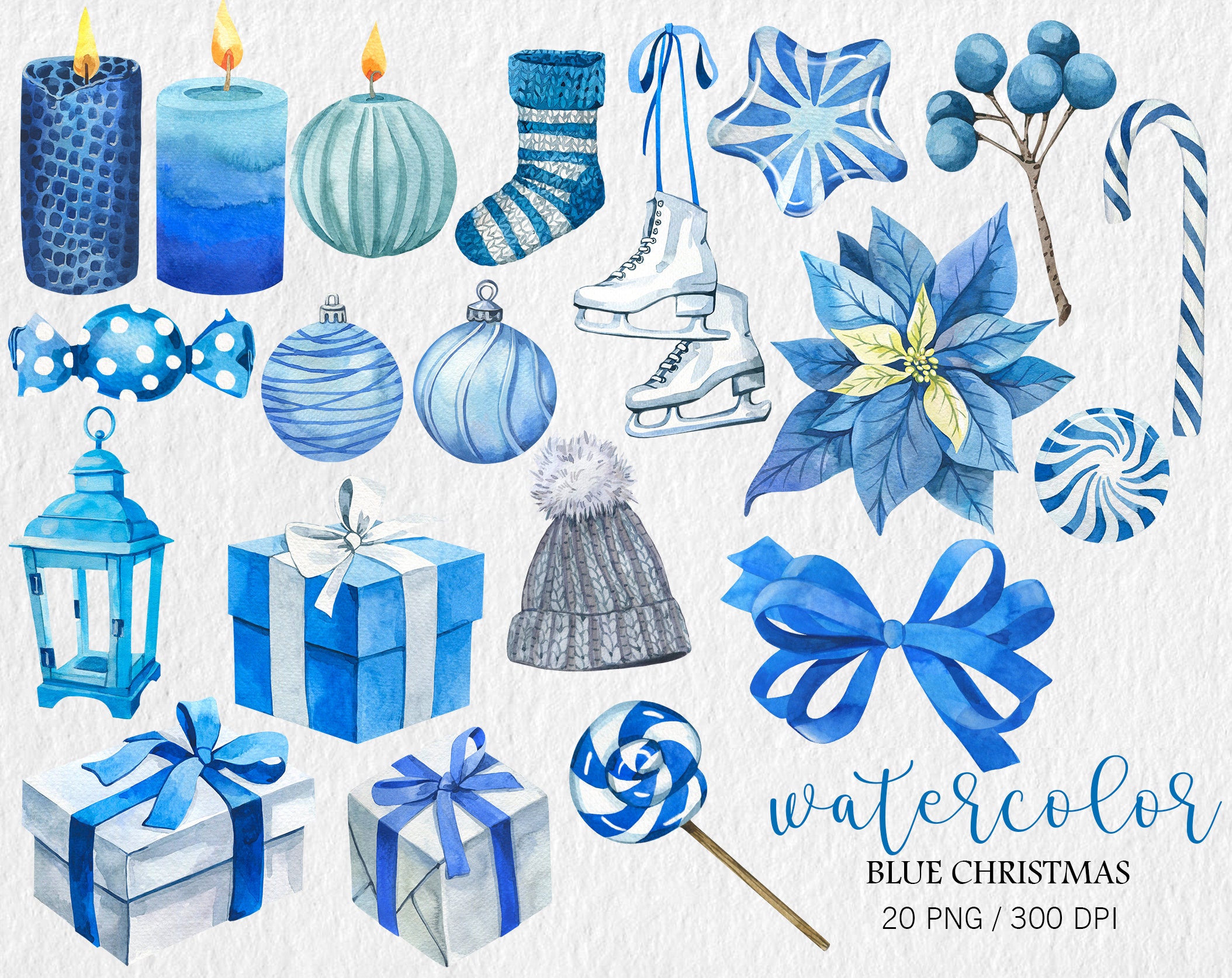 Watercolor Blue Christmas Clipart Christmas Decor Watercolor - Etsy