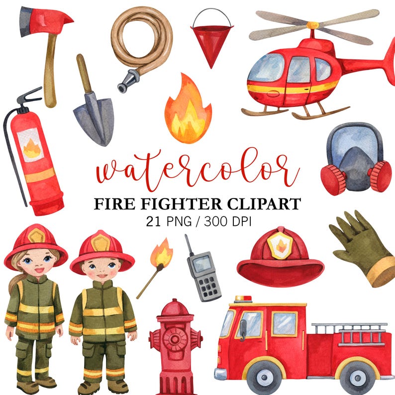 Watercolor Firefighter Clipart Set: Fire Truck, Station, and More (PNG ...