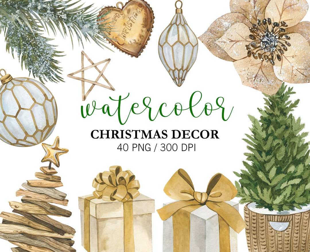 Watercolor Gold Christmas Clipart, Christmas Decor, PNG, Gold Decor ...
