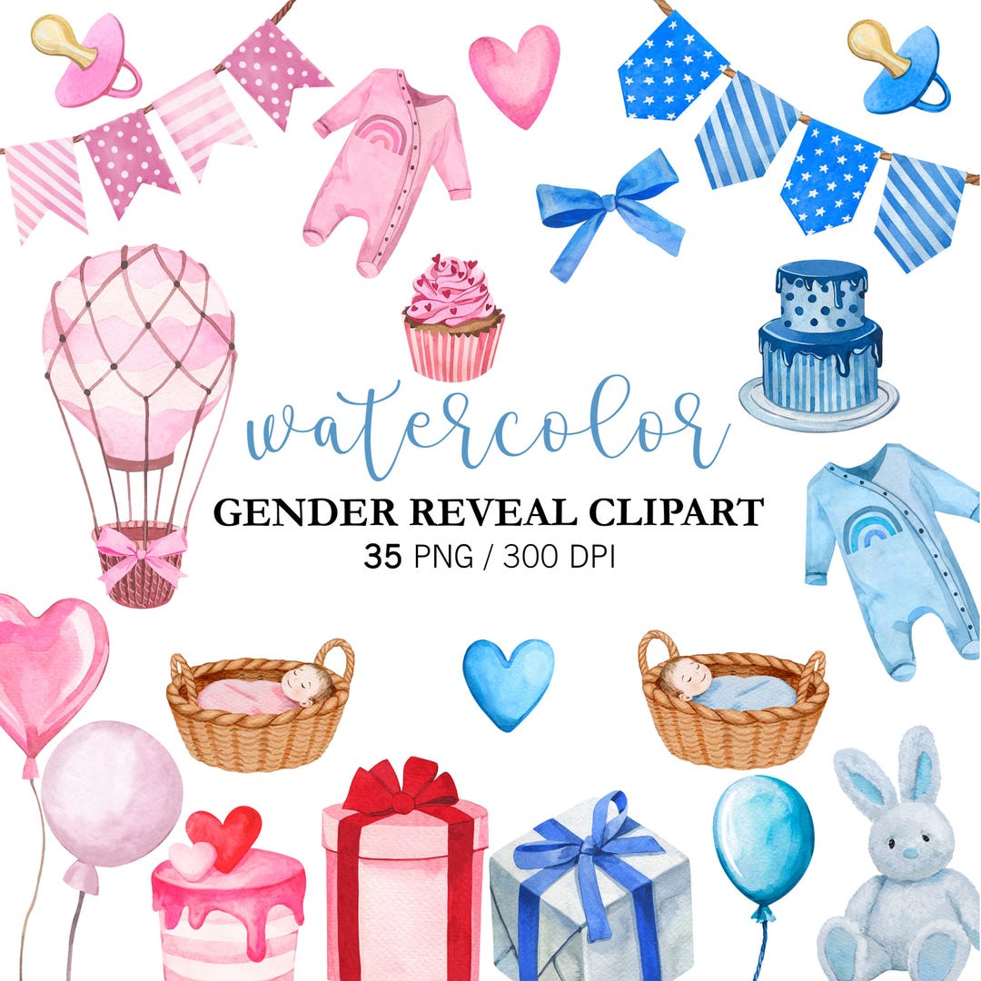 Watercolor Gender Reveal Clipart, Baby Nursery Decor, Pink and Blue ...