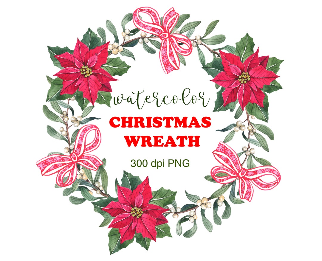 Christmas Wreath Clipart, Watercolor Winter Clipart, Mistletoe Clipart ...