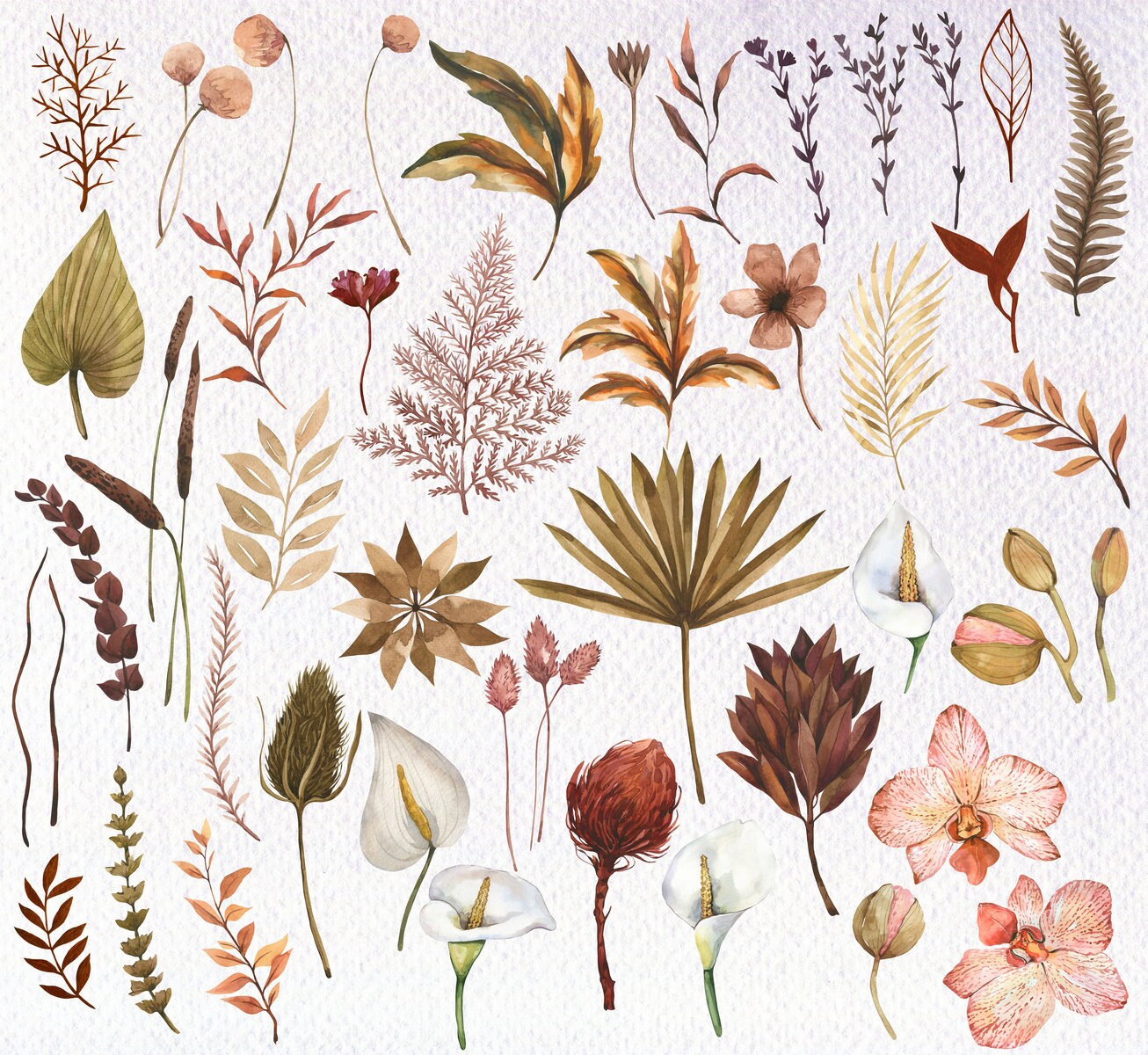 Watercolor Boho Floral Clipart, Dried Palm Leaf Clipart, Boho Wedding ...