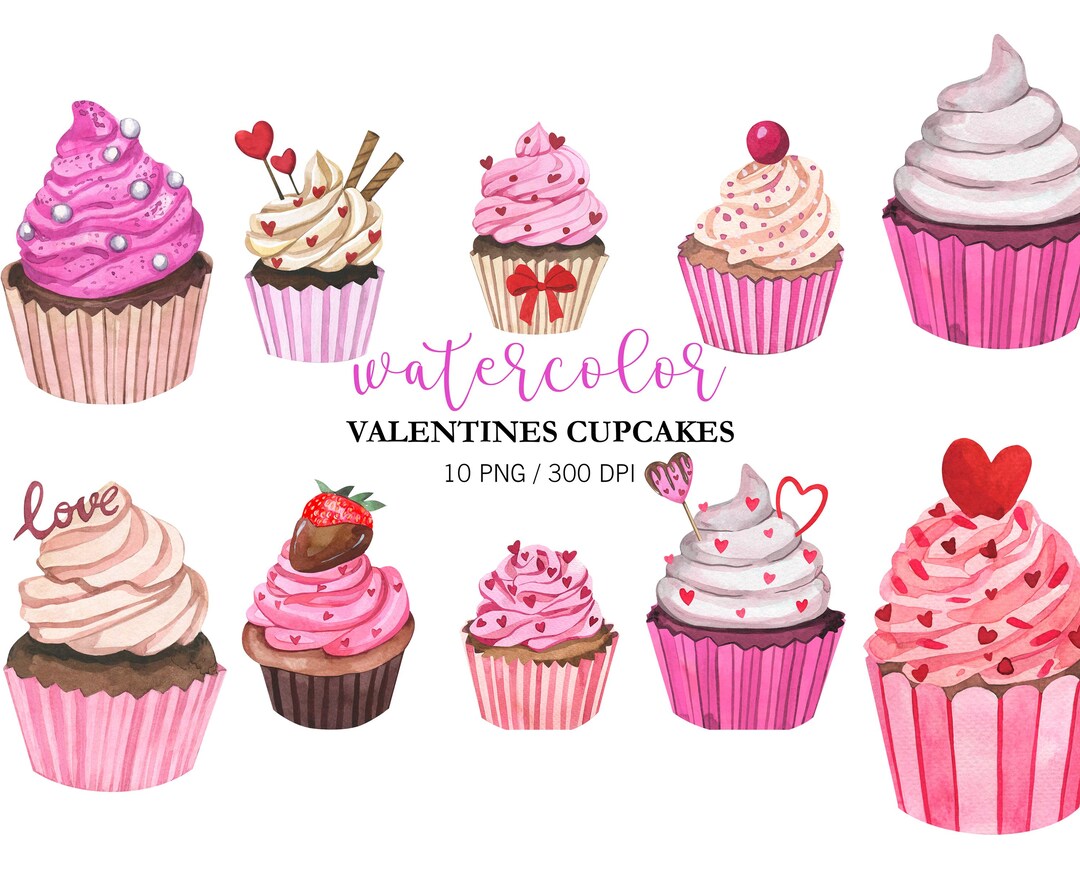 Watercolor Valentines Day Cupcakes Clipart, Valentines PNG, Valentines ...