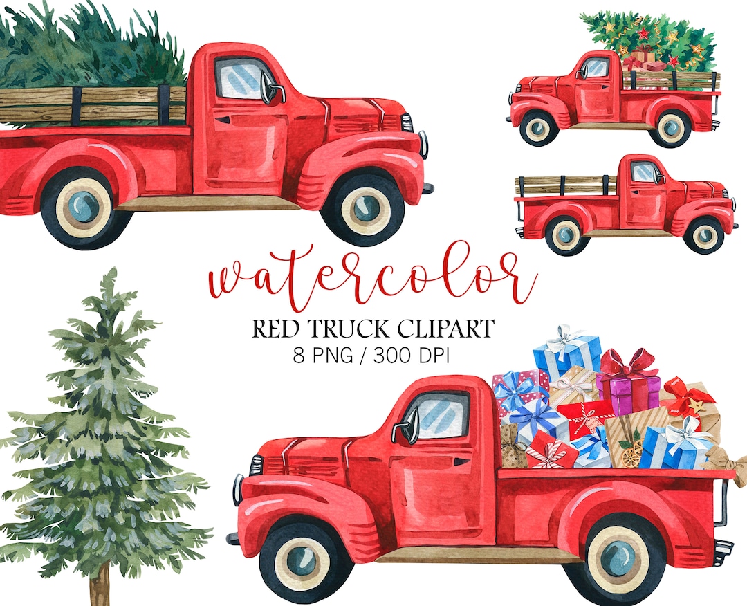 Watercolor Christmas Clipart, Watercolor Red Truck Clipart, Chtrictmas ...