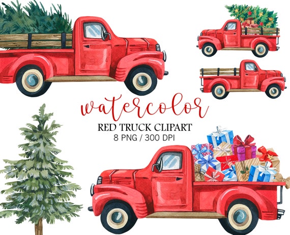 Watercolor Christmas Clipart Watercolor Red Truck Clipart - Etsy