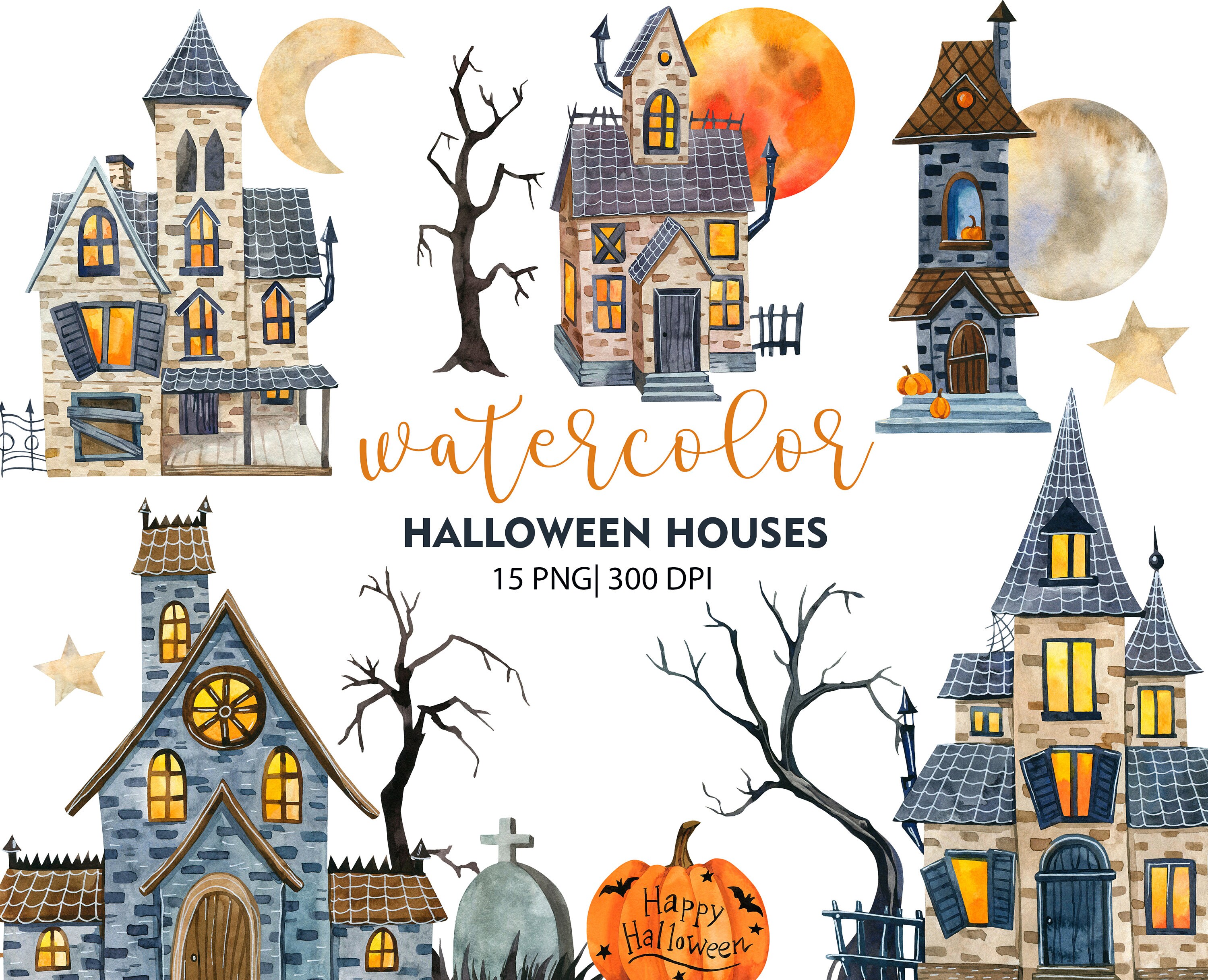 Watercolor Halloween House Halloween Clipart Haunted House - Etsy