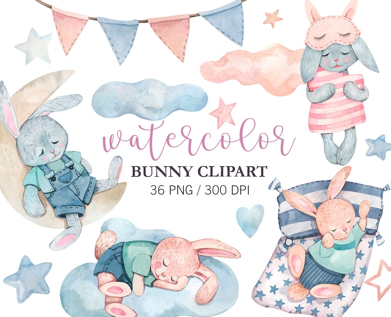 Watercolor Bunny Clipart Nursery Decor Easter Clipart - Etsy