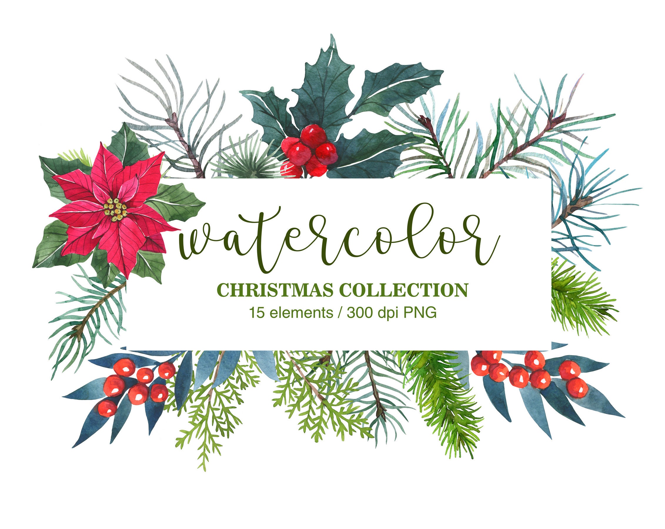 Watercolor Winter Clipart. PNG. Christmas Clipart. Pine - Etsy