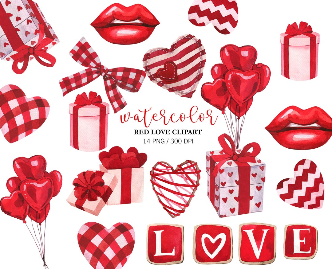 Hand Painted Watercolor Valentines Clipart, Love PNG, Watercolor Gift ...