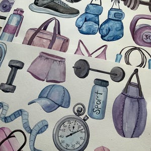 Watercolor Fitness Clipart: Gym Equipment PNG Fitness Stickers Digital ...