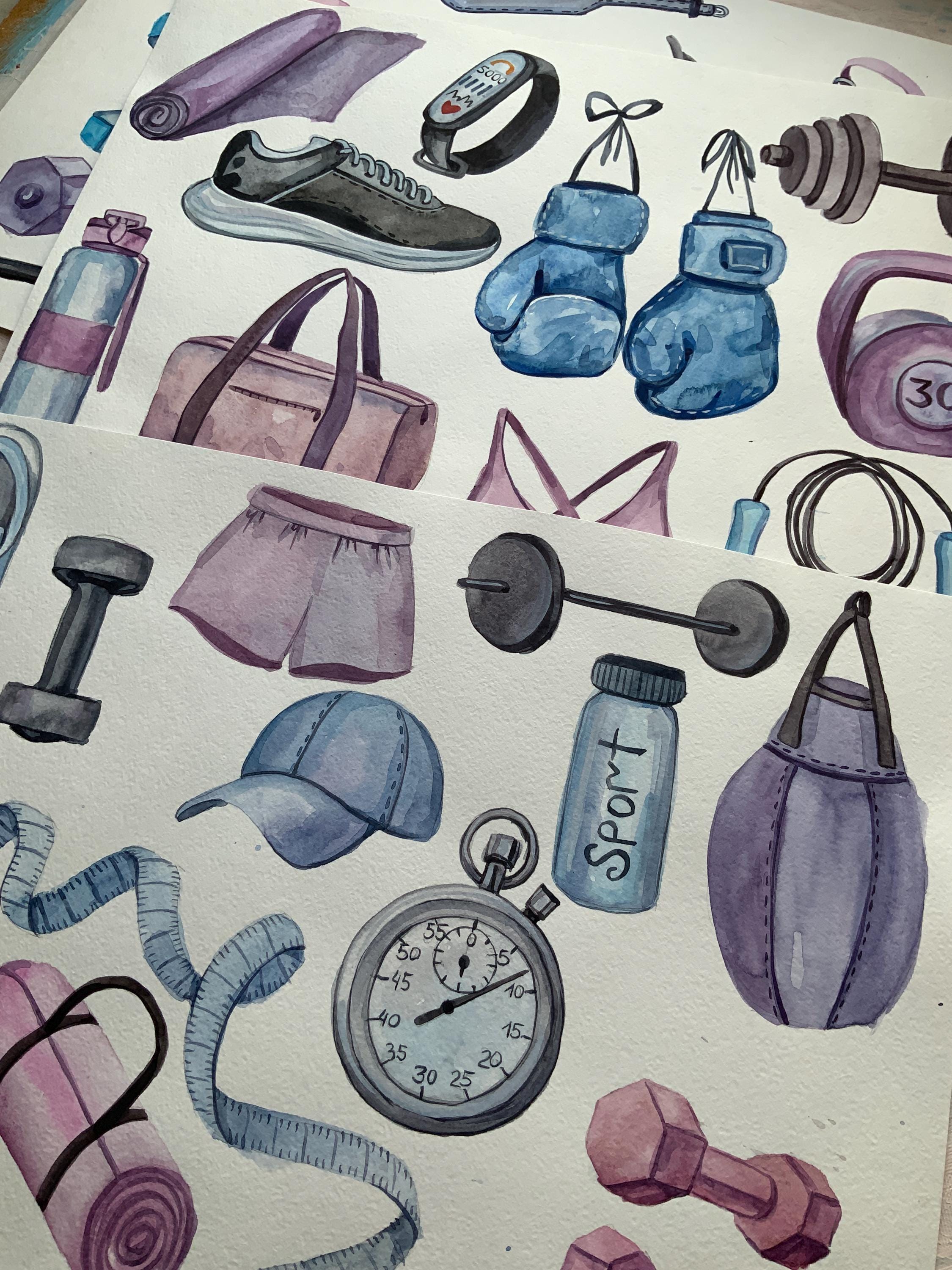 Watercolor Fitness Clipart: Gym Equipment PNG Fitness Stickers Digital ...