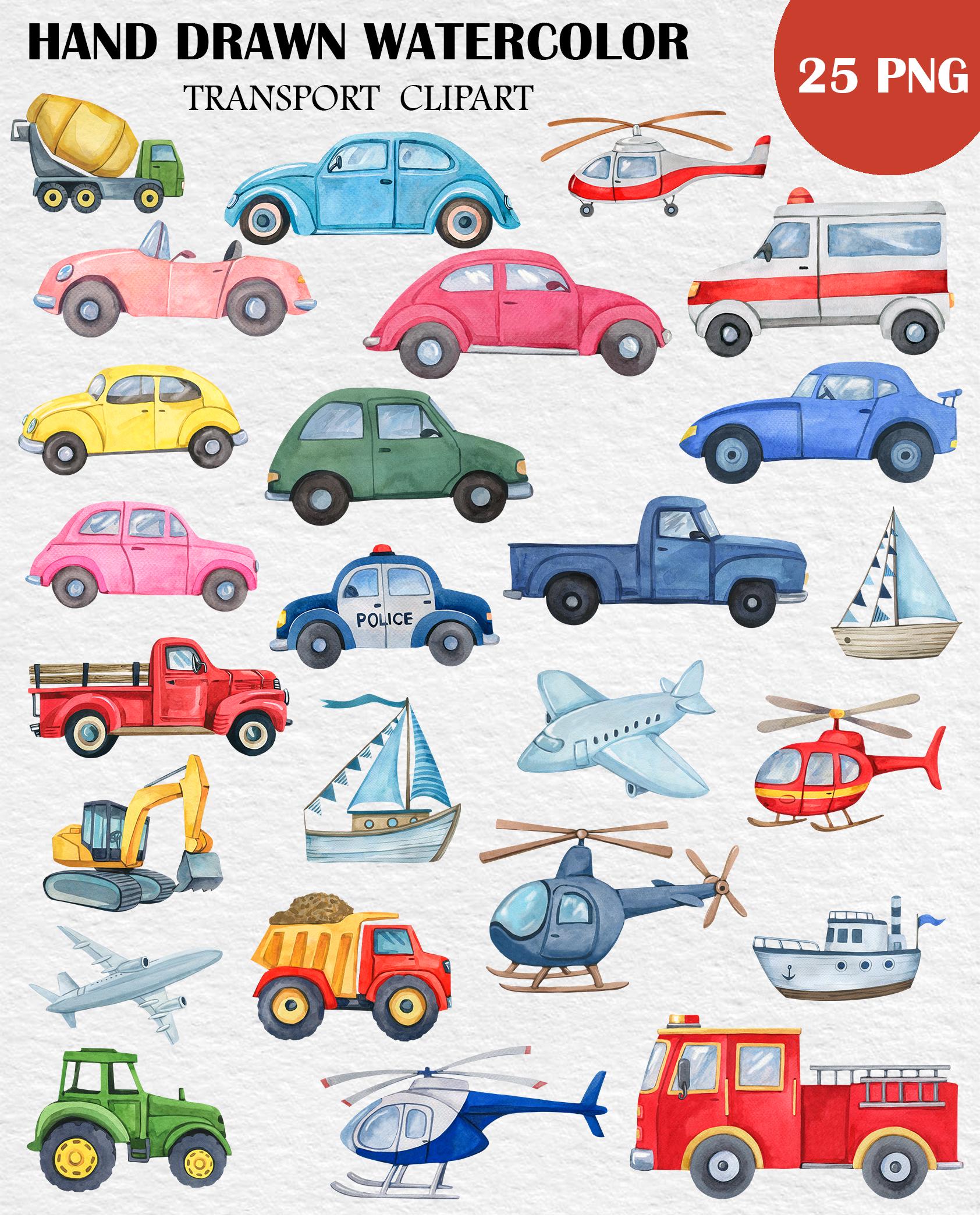 Watercolor Transport Clipart: City Cars, Trucks, & Airplanes PNG ...