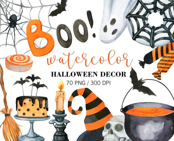 Watercolor Halloween Clipart PNG Fall Clipart Halloween - Etsy
