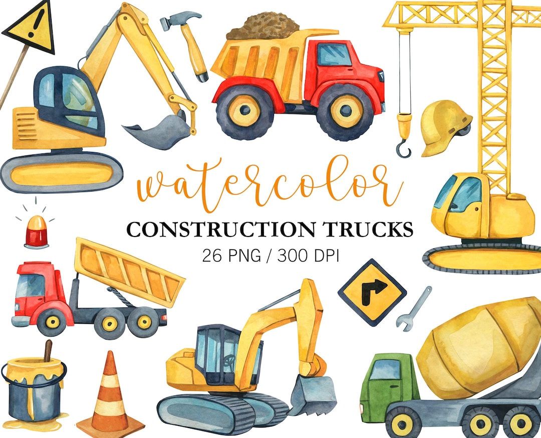 Watercolor Construction Truck Clipart: PNG Vehicle Set (digital ...