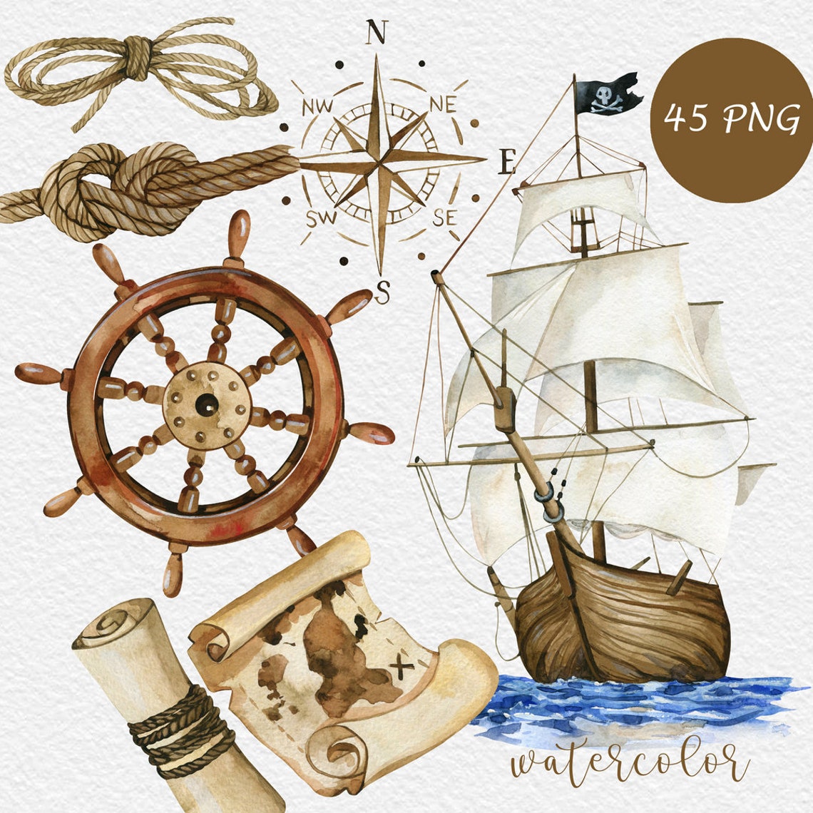 Watercolor Pirates Clipart Pirate Ship Treasure Chest | Etsy