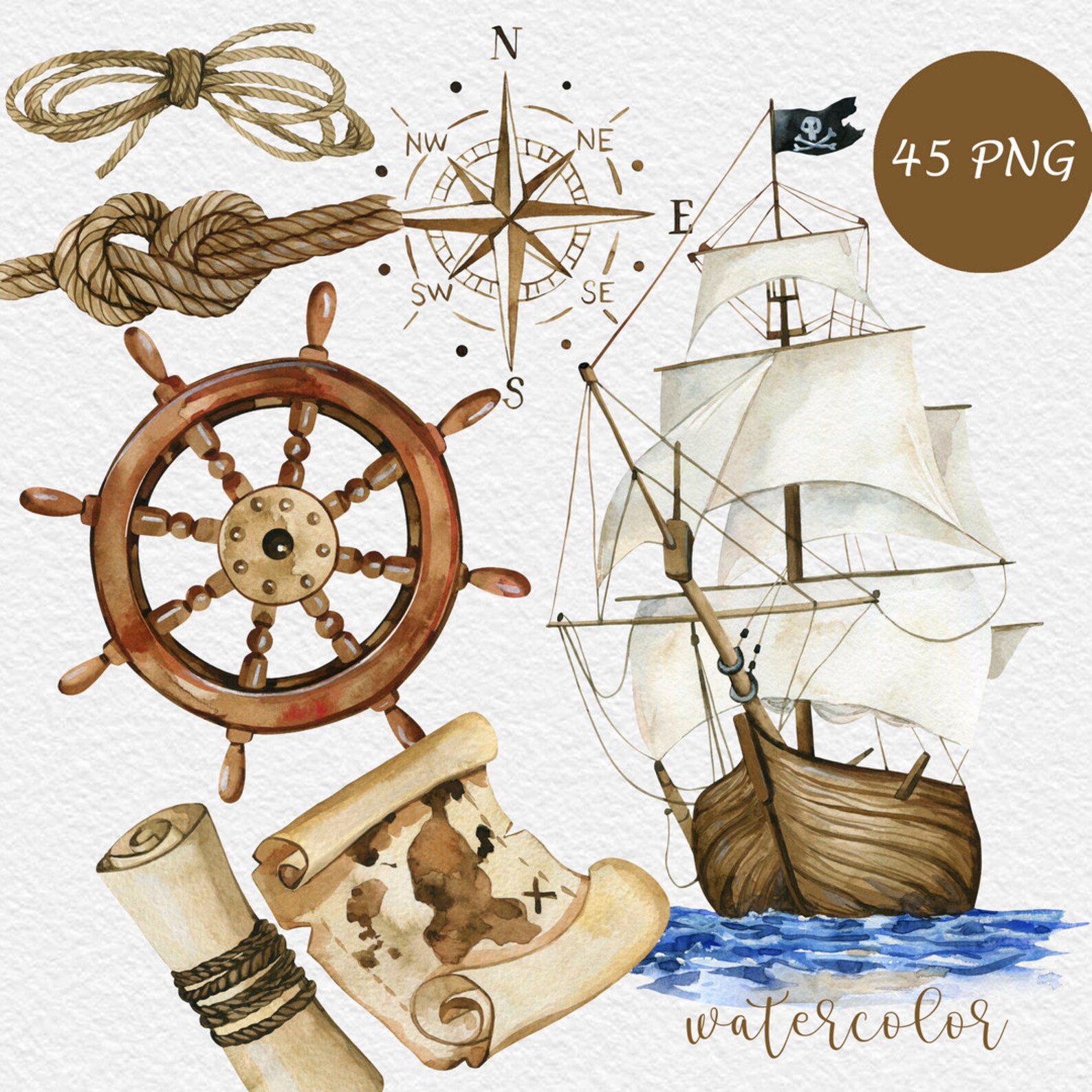 Watercolor Pirates Clipart, Pirate Ship, Treasure Chest, Pirate Party ...