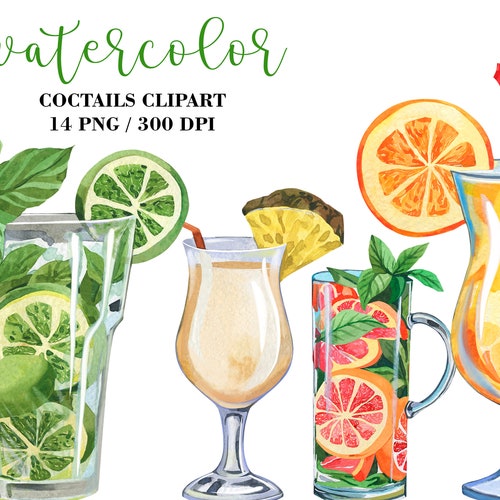 Watercolor Cocktails Clipart Alcoholic Drinks Png Summer Party - Etsy
