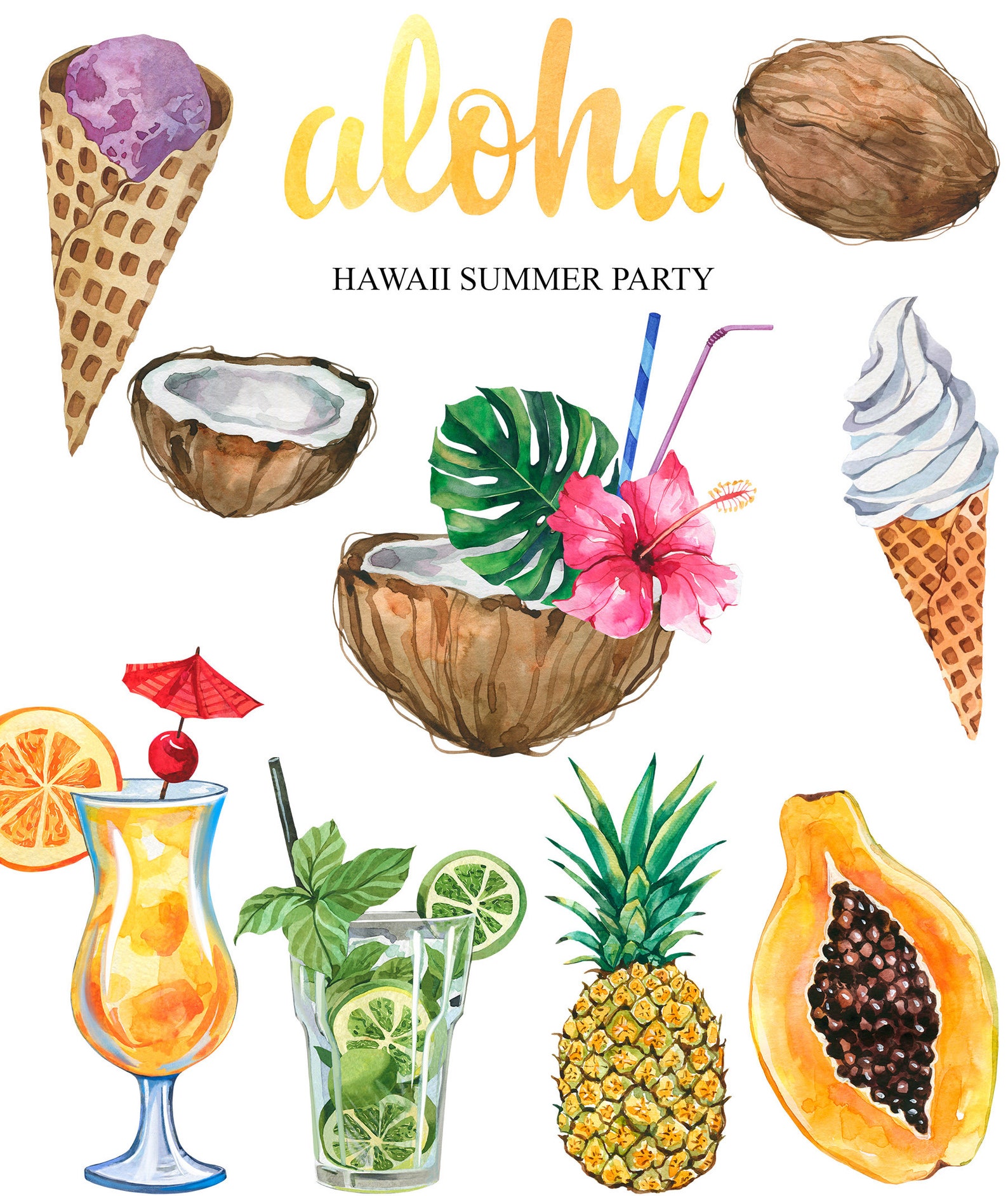 Watercolor Hawaii Clipart Summer Clipart PNG Tropical - Etsy