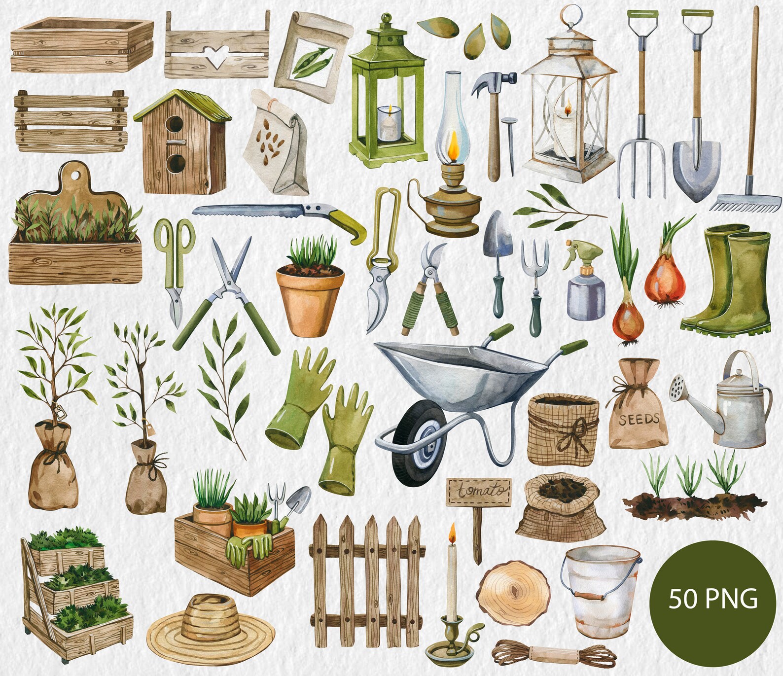 Watercolor Garden Clipart, Garden Tools, Gardening Download, Hand ...