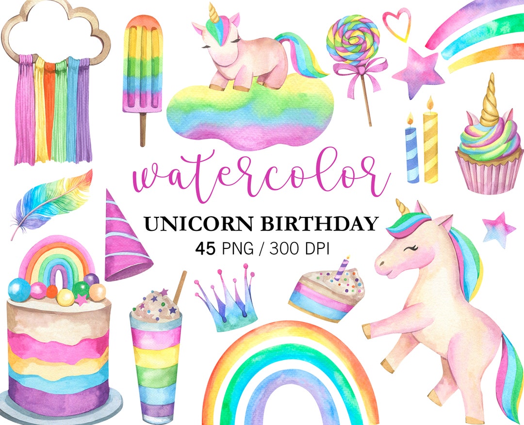 Watercolor Unicorn Birthday Clipart, Nursery Decor, Unicorn Stickers ...