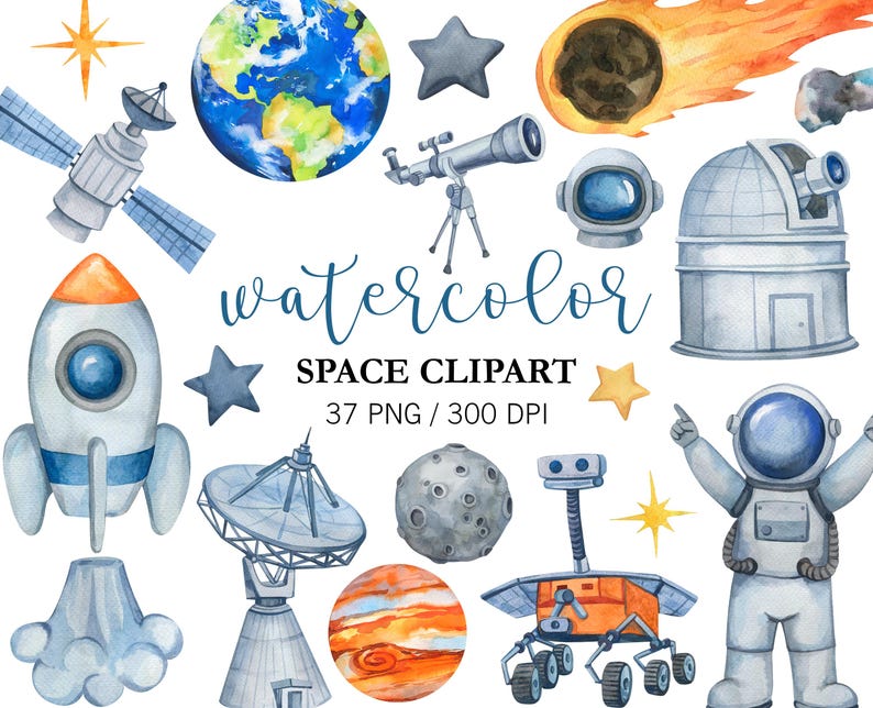 Watercolor Space Clipart: Planets, Astronaut, Rocket (PNG Digital ...