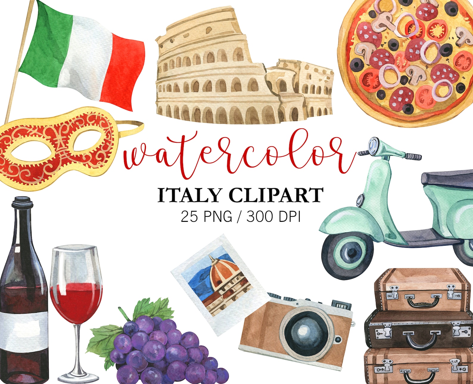 Watercolor Italy Clipart, Travel Clipart, Love PNG, Rome, Pizza, Venice ...