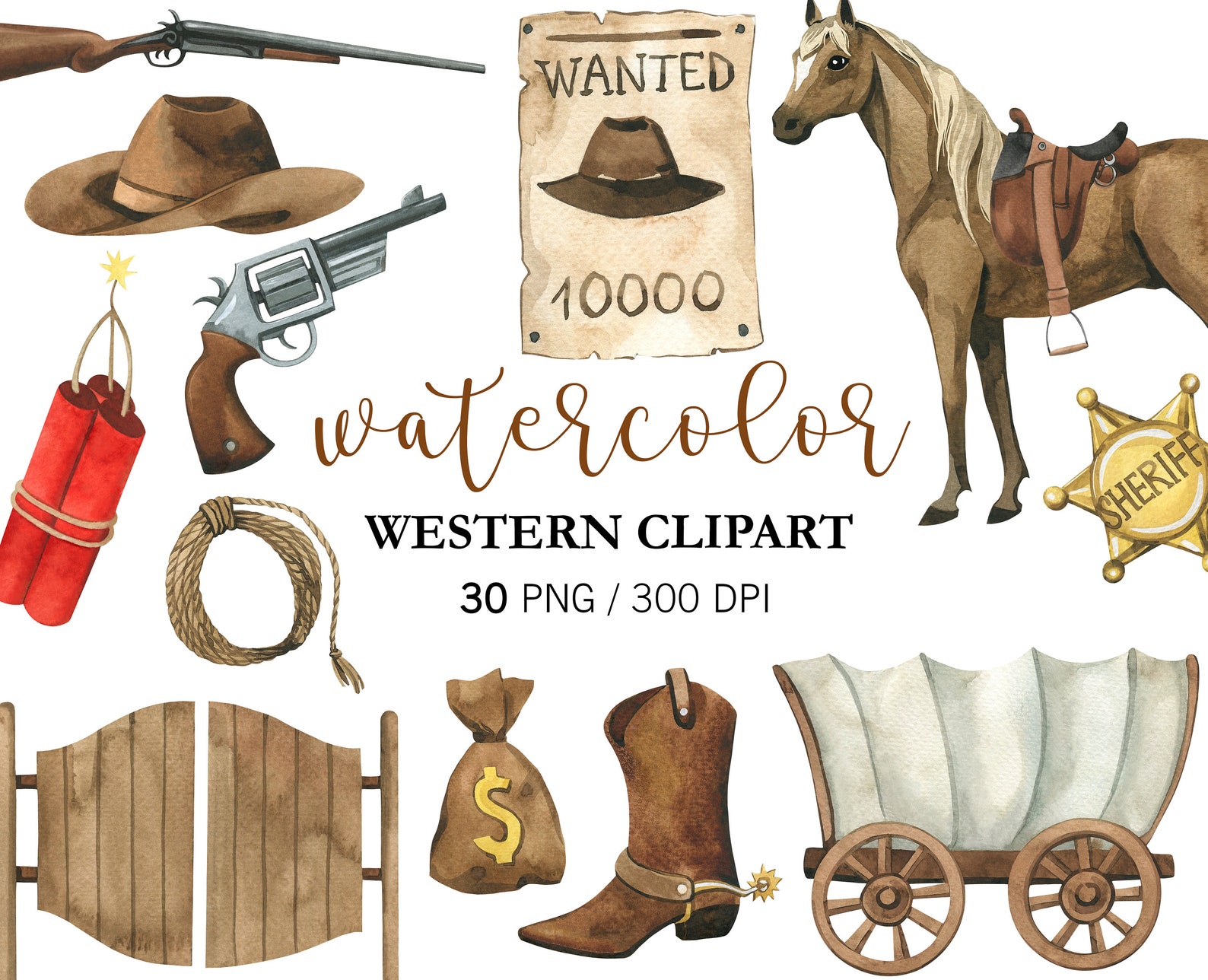 Watercolor Western Clipart Wild West Clipart Cowboy Clipart - Etsy