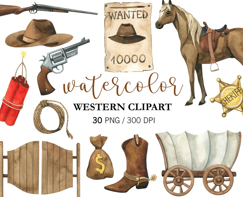 Watercolor Western Clipart Wild West Clipart Cowboy Clipart - Etsy
