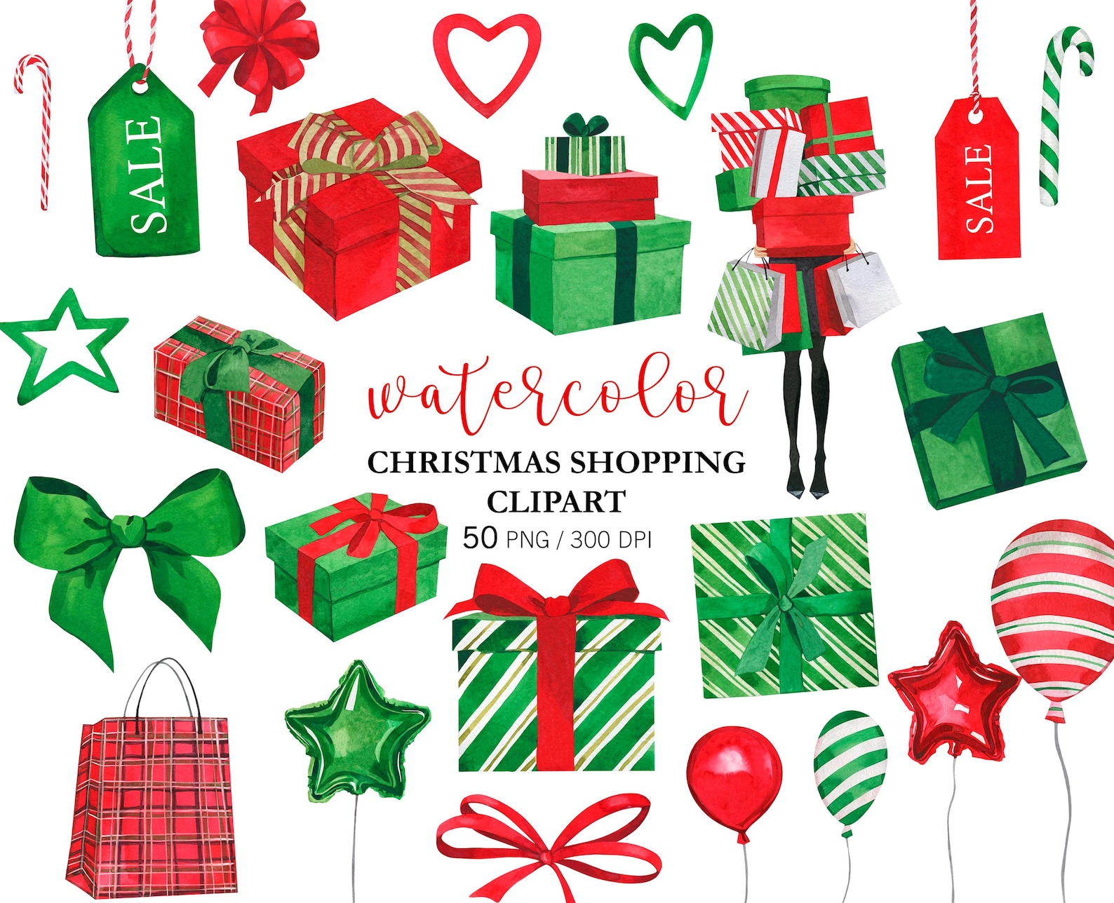 Watercolor Christmas Shopping Clipart, Shopping Girl, Christmas Decor ...
