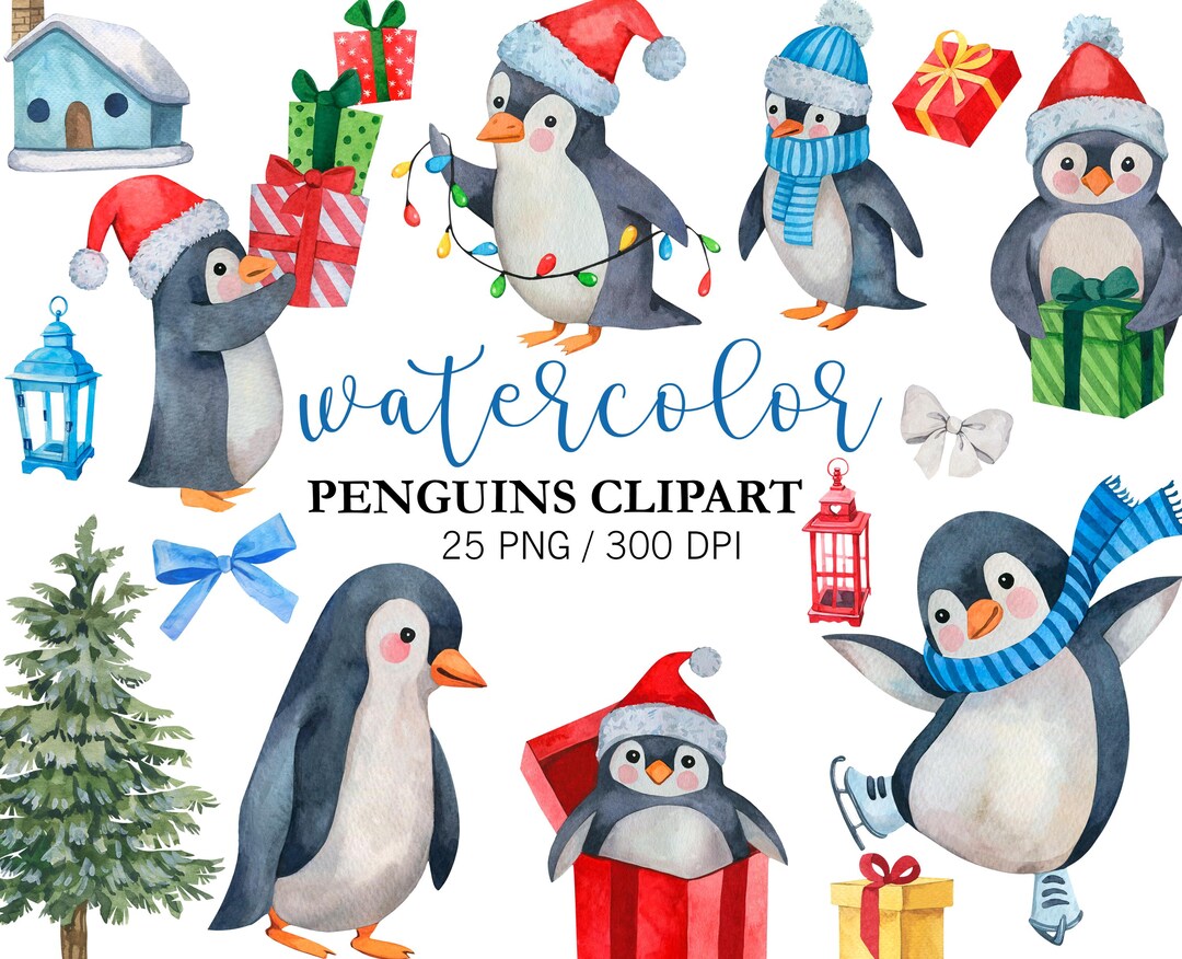 Watercolor Christmas Penguin Clipart, Nursery Decor, Animals Clipart ...
