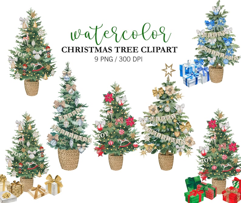 Watercolor Christmas Tree Clipart, Pine Tree Clipart, Christmas Decor ...