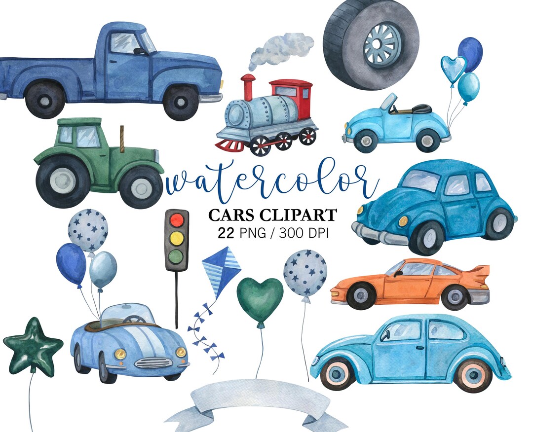 Watercolor Cars Clipart PNG: Vintage Vehicles, Nursery Decor (digital ...