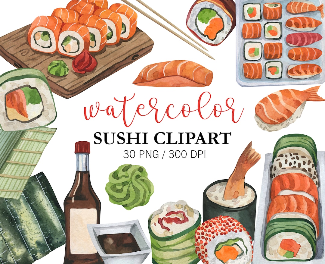 Watercolor Sushi Clipart, Asian Clipart, Japanese Clipart, PNG, Planner ...