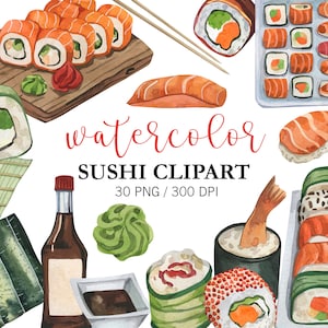 Watercolor Sushi Clipart, Asian Clipart, Japanese Clipart, PNG, Planner ...