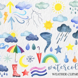 Watercolor Weather Clipart, Cloud Clipart, Spring Clipart, Rain, Snow ...