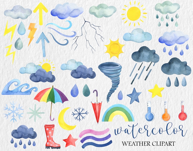 Watercolor Weather Clipart: Rainbow, Sun, Clouds (PNG Digital Download ...