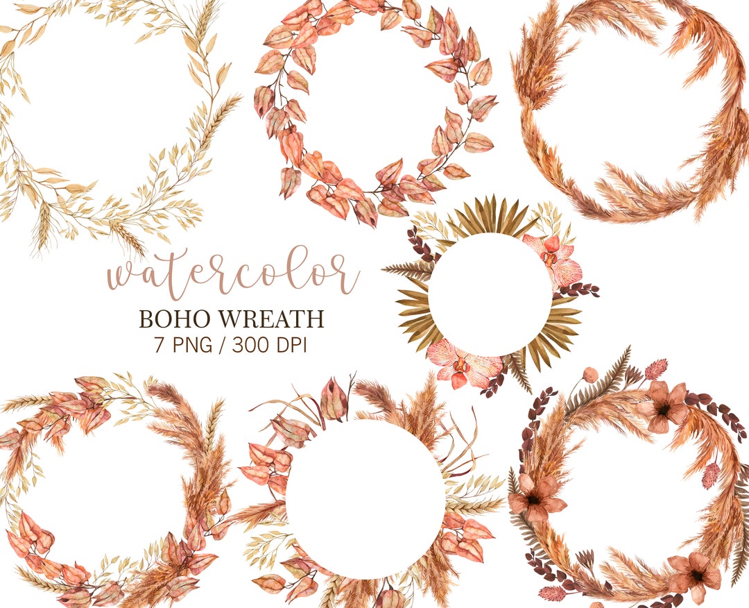 Watercolor Boho Wreath, Bohemian Wedding Designs, Pampas Grass, Fall ...