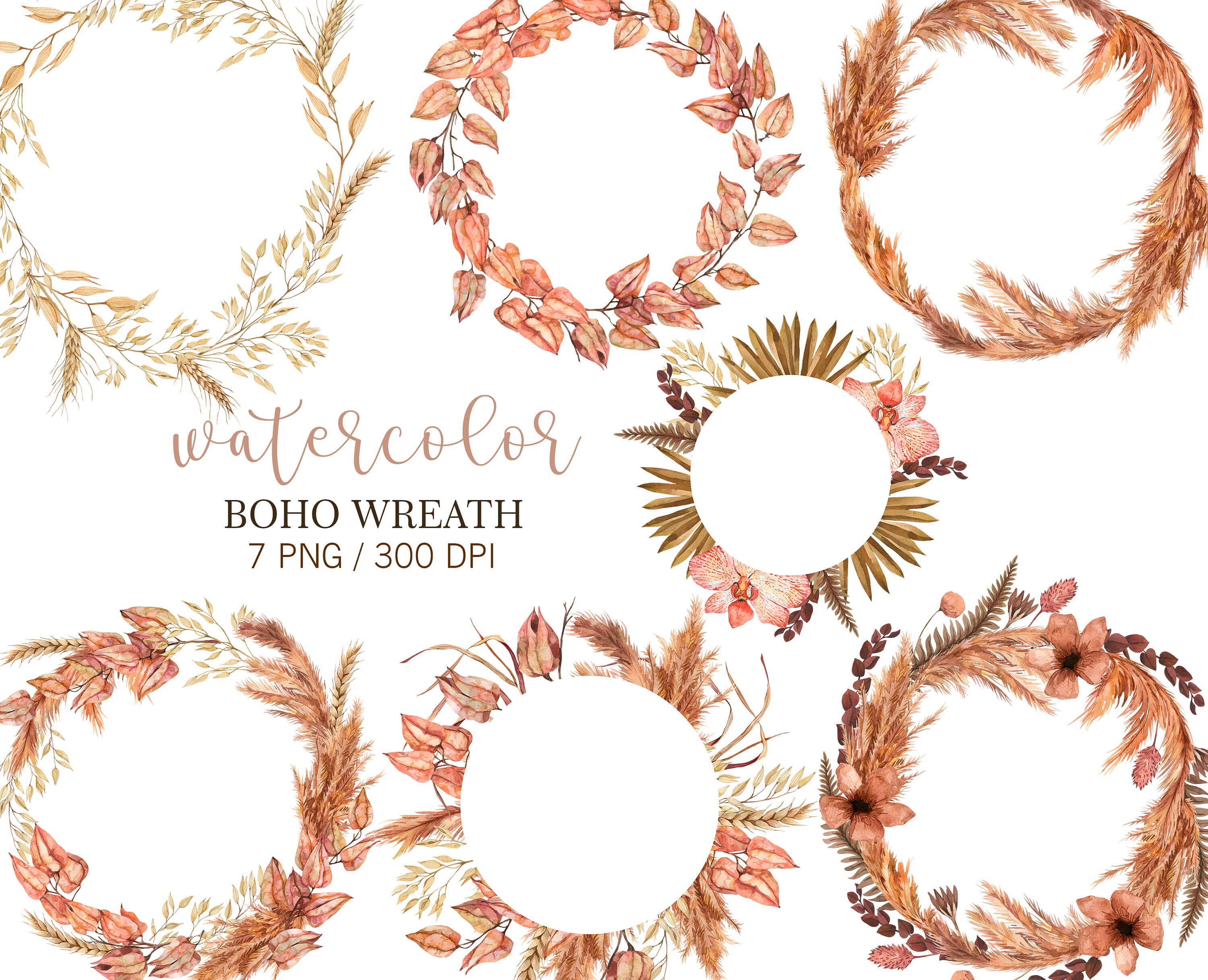 Watercolor Boho Wreath, Bohemian Wedding Designs, Pampas Grass, Fall ...