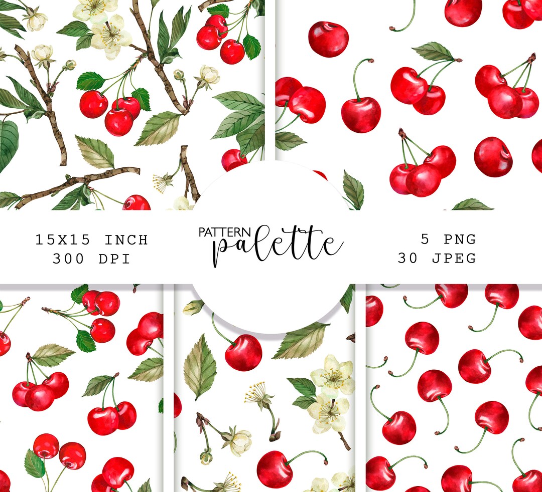 Watercolor Cherry Pattern, Cherry Digital Paper, Seamless Patterns, Red ...