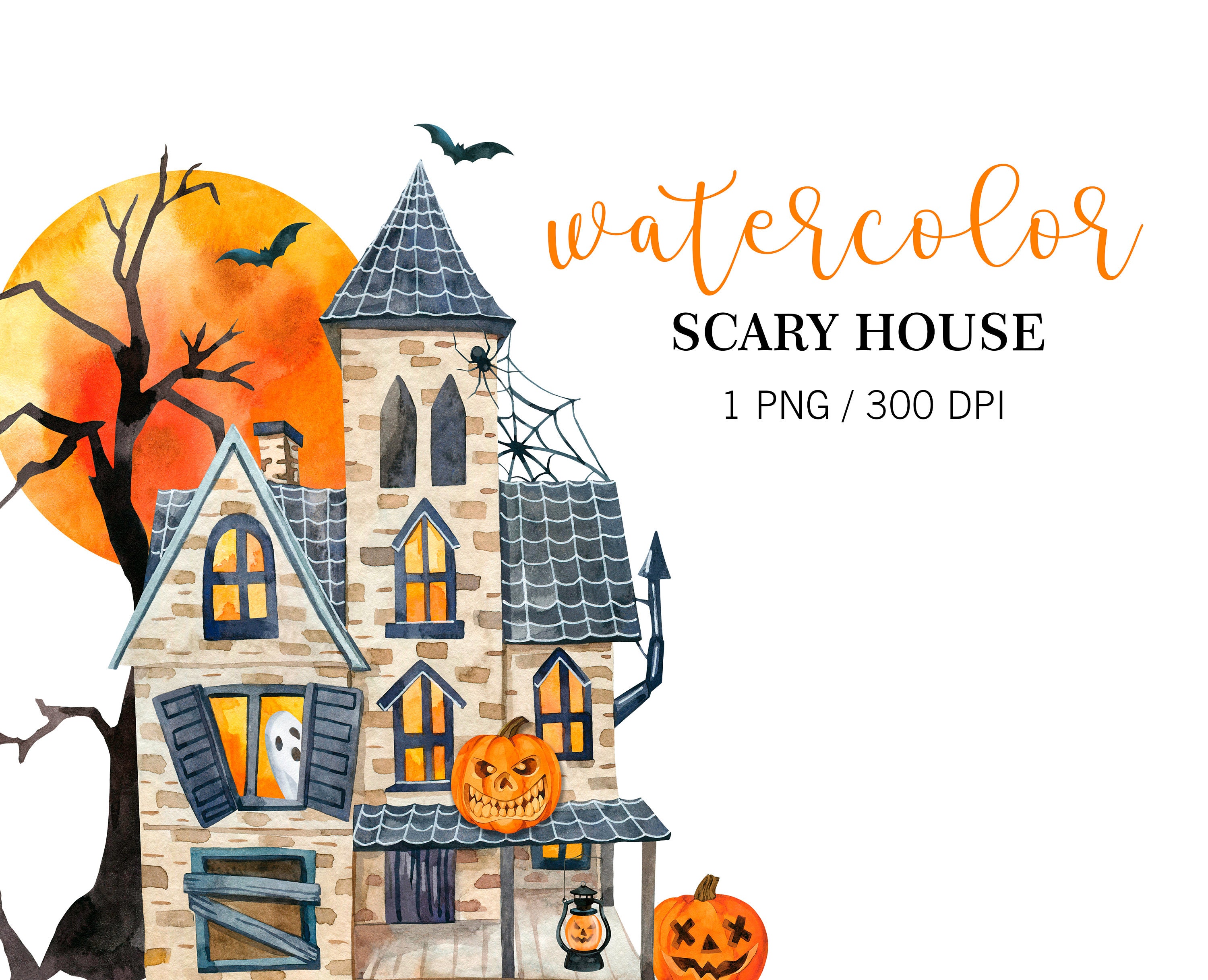 Watercolor Haunted House Composition Halloween House - Etsy