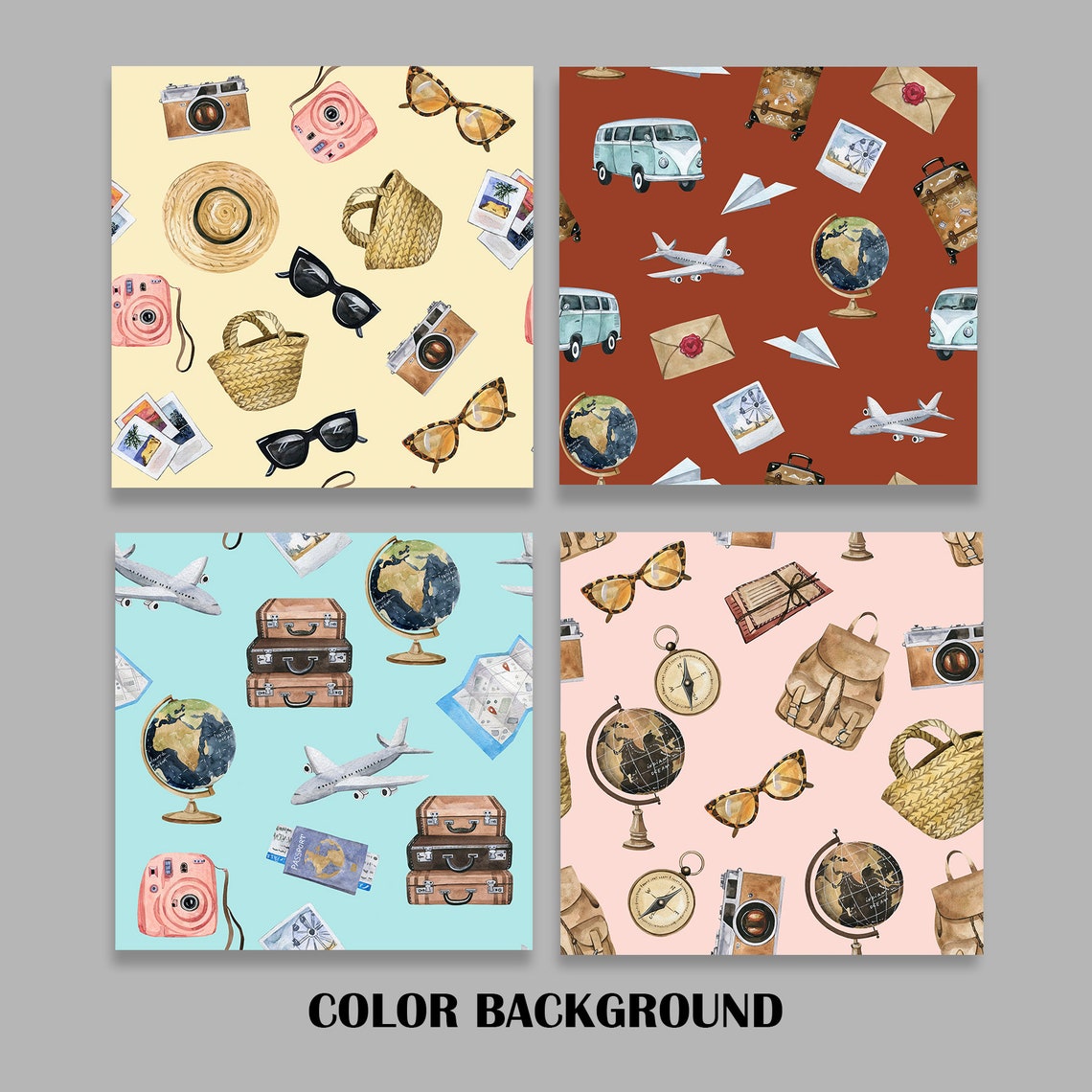 Watercolor Travel Seamless Pattern Travel Clipart Watercolor - Etsy