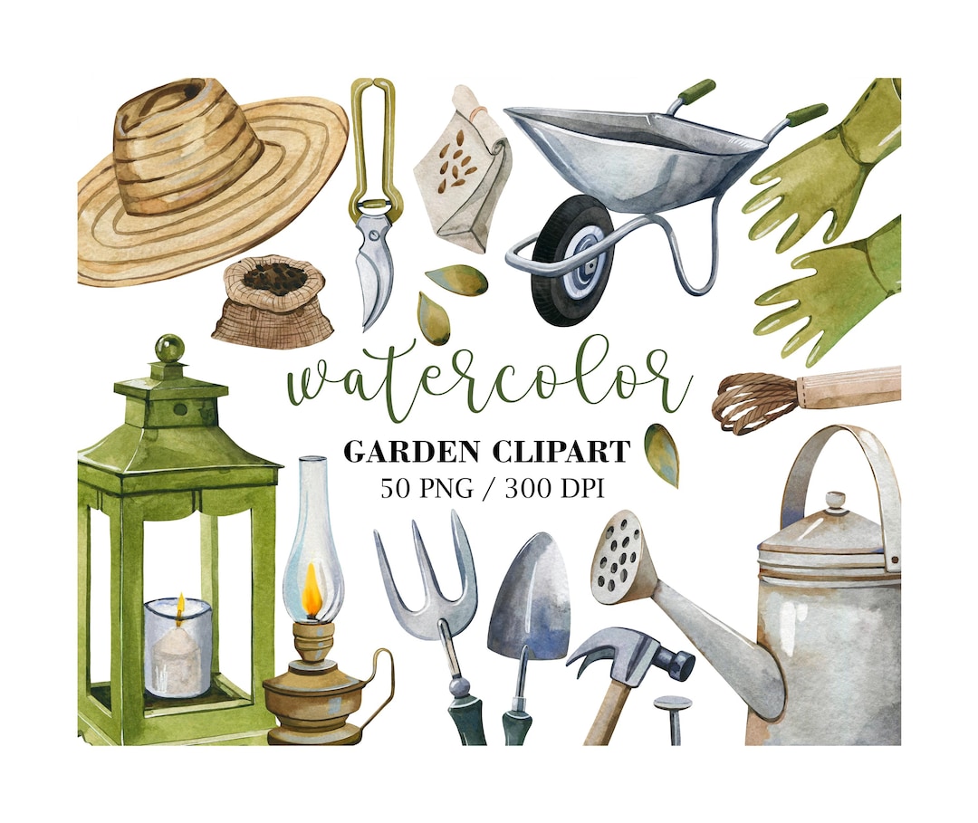 Watercolor Garden Clipart, Garden Tools, Gardening Download, Hand ...