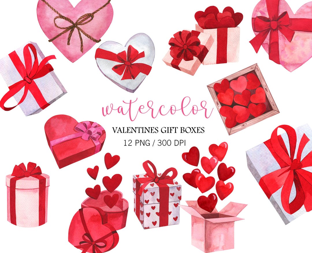 Watercolor Valentines Clipart, Watercolor Gift Box Clipart, PNG, Red ...