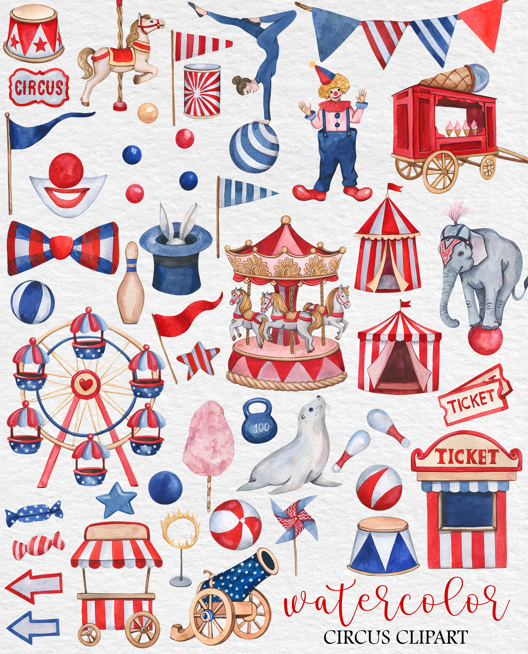 Watercolor Circus Clipart: Carnival Animals, Tent, Carousel PNG ...